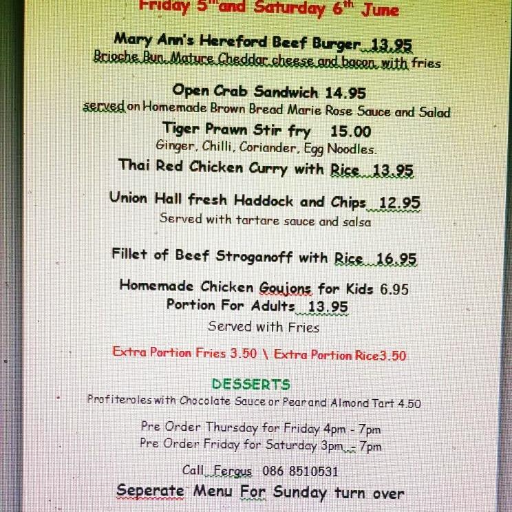 Menu at Mary Ann's Bar and Restaurant, Castletownshend