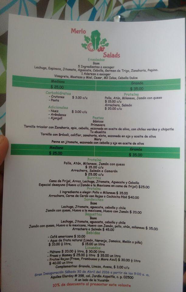 Menu at Merlo salad's, Mexico City