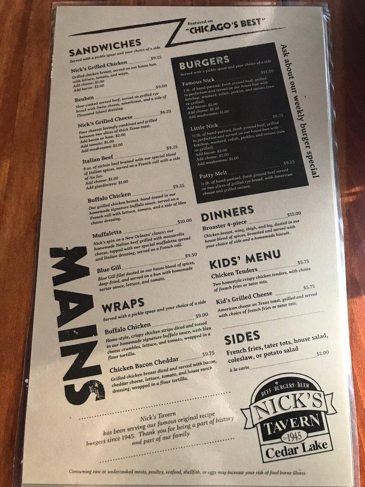 Menu at Nick’s Tavern Cedar Lake pub & bar, Cedar Lake