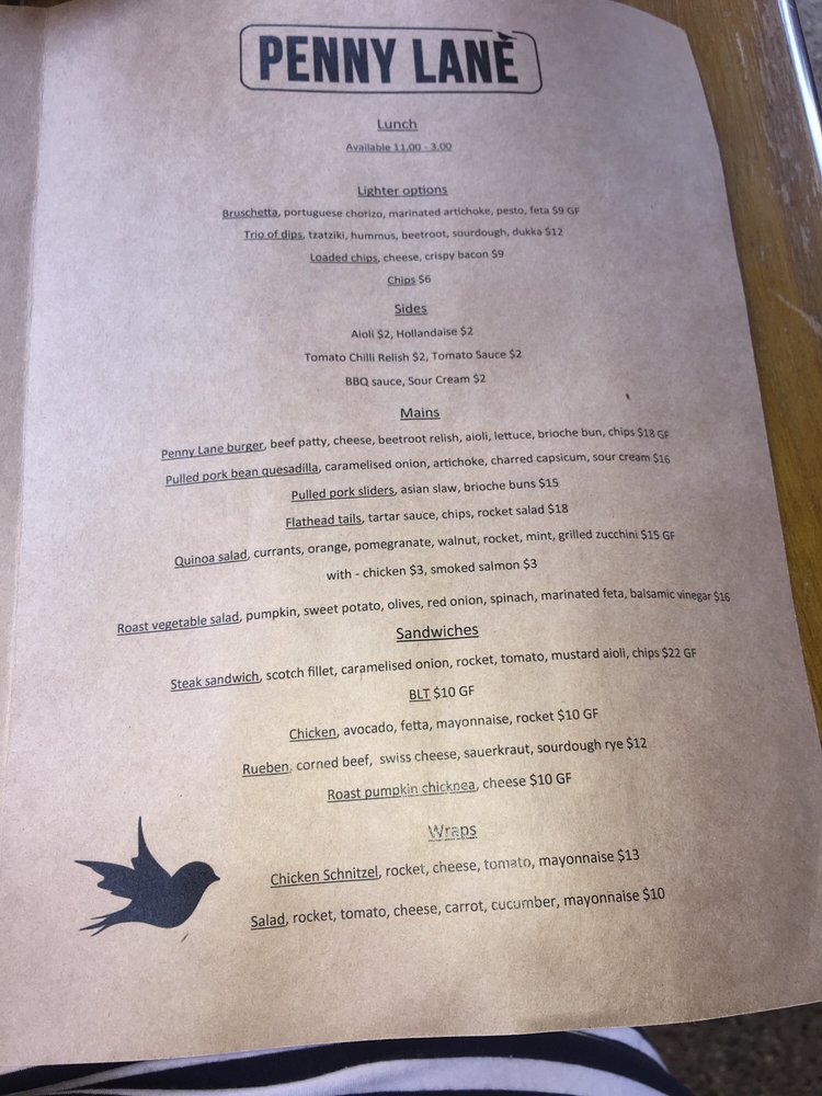 Menu at Penny Lane Island Cafe, Cowes
