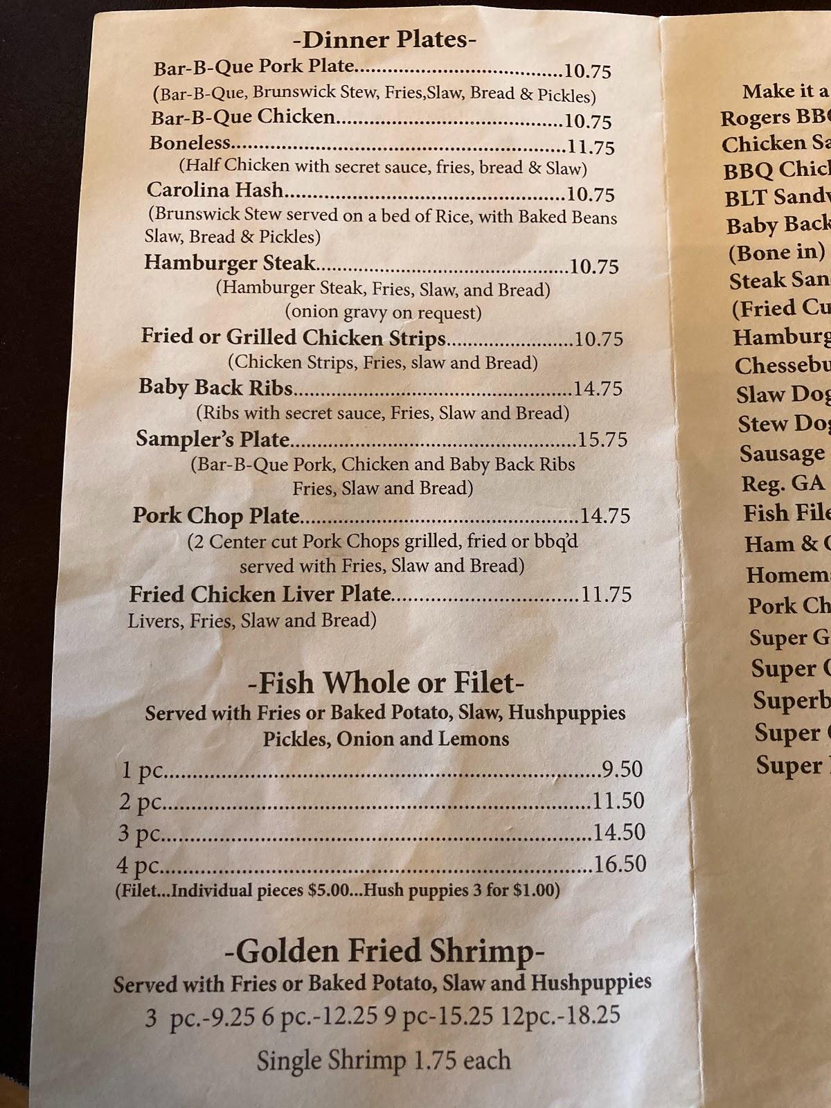 Menu at Rogers Pit-Cooked Bar-B-Que, West Point