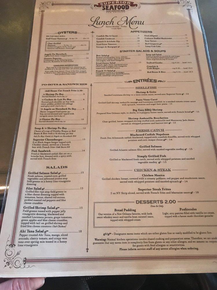 Menu at Superior Seafood & Oyster Bar, New Orleans