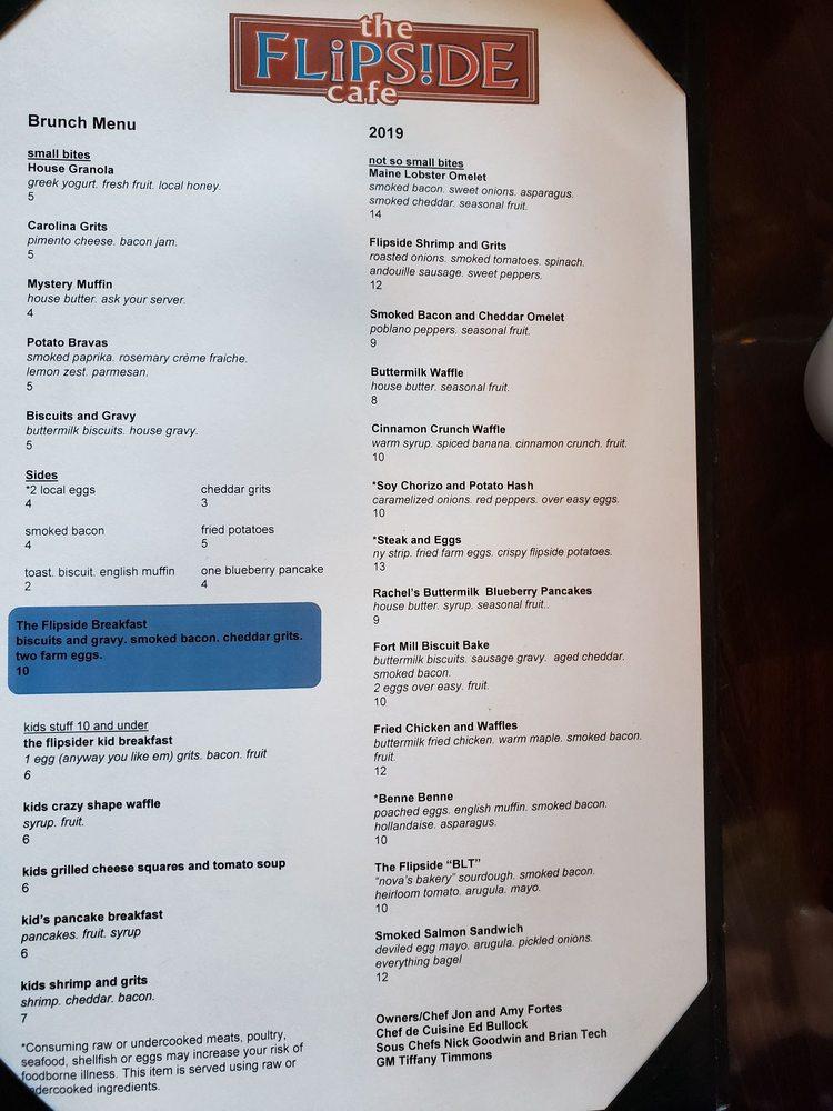 Menu at The Flipside Cafe, Fort Mill