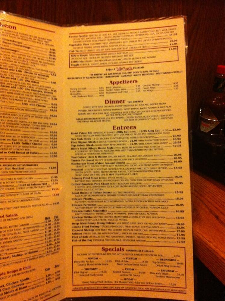 Menu at Billy Reed's Palm Springs restaurant, Palm Springs