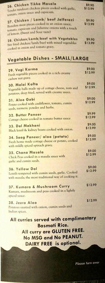 Menu at Indian Pavilion restaurant, Tauranga