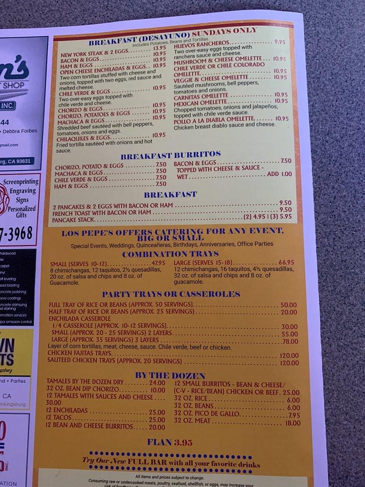 Menu at Los Pepes Authentic Mexican Food restaurant, Kingsburg