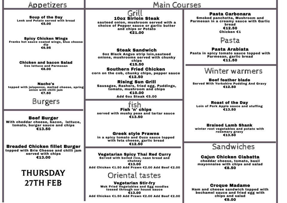 Menu at The Rising Sun restaurant, Mullinavat, Main Street