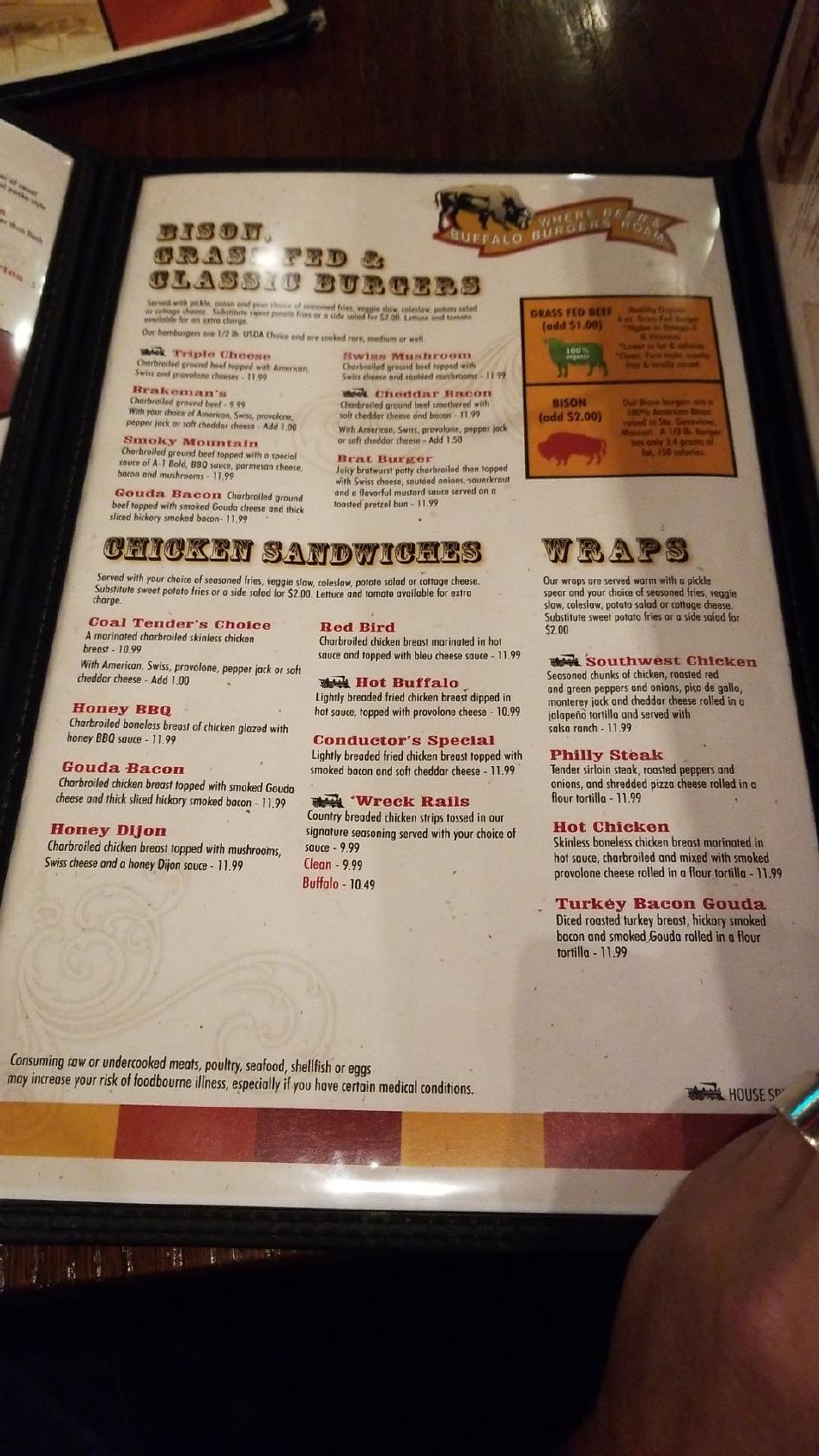Menu at Trainwreck Saloon Westport restaurant, Maryland Heights