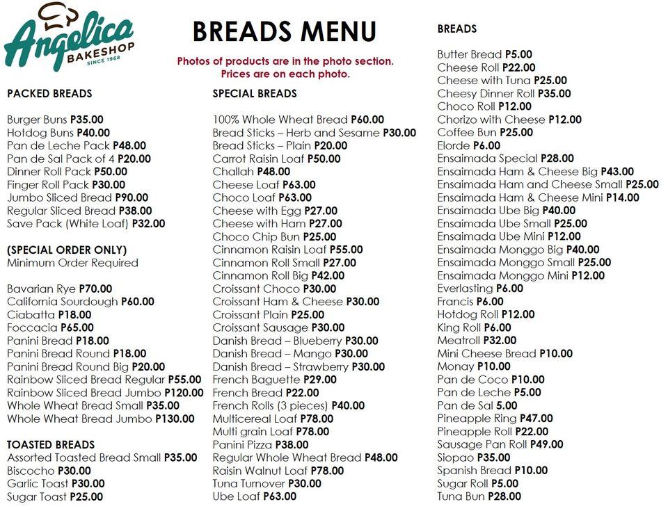 Menu at Angelica Bakeshop desserts, Cebu City, Osmeña Blvd