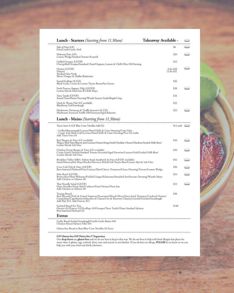 Menu at Cove Cafe, Terrigal