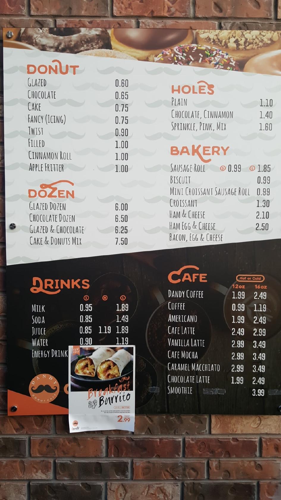 Menu at Dandy Donut, Burkburnett