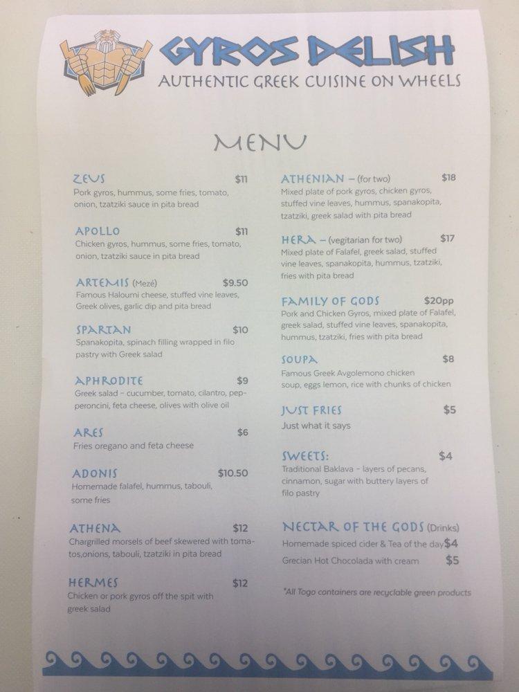 Menu at Gyros Delish restaurant, Breckenridge