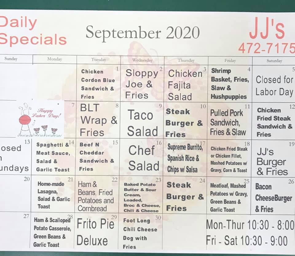 Menu at J J's Restaurant, Granby