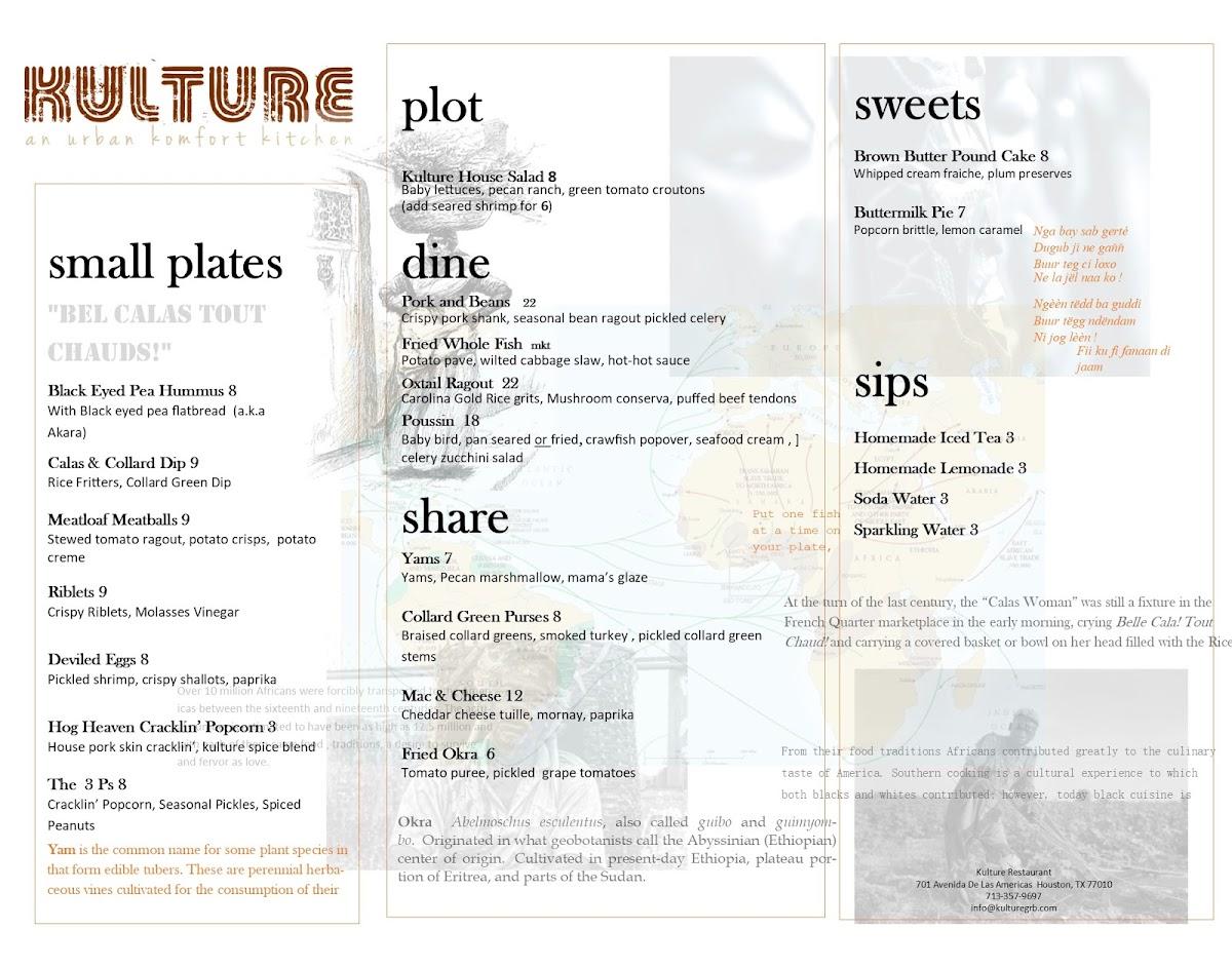 Menu at Kulture restaurant, Houston