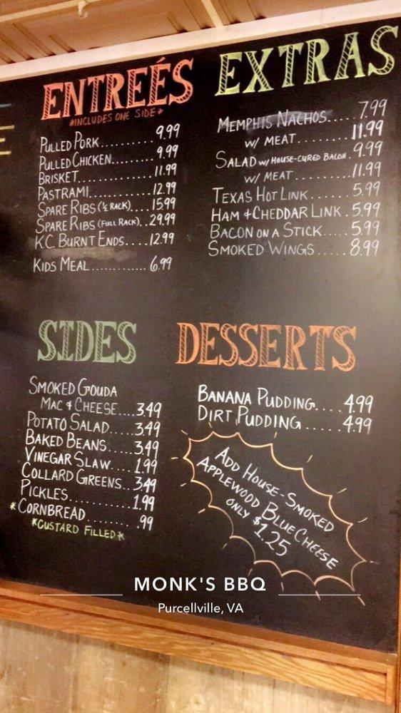 Menu at Monk's BBQ, Purcellville