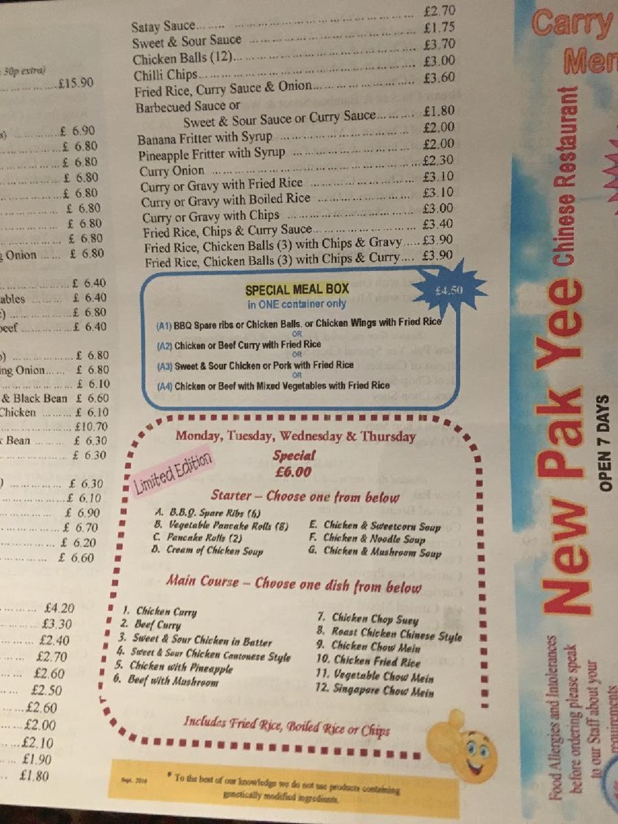 Menu at New Pak Yee restaurant, Wishaw