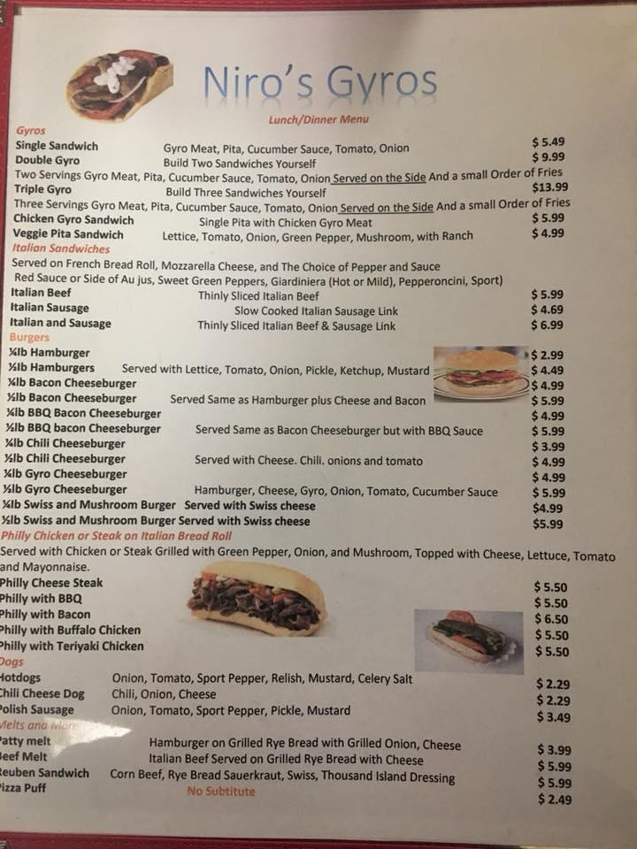 Menu at Niro's Gyros restaurant, Beecher