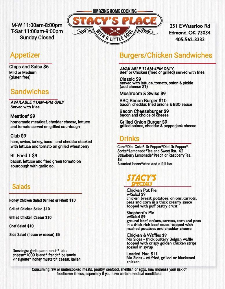 Menu at Stacy's Place restaurant, Edmond, 251 E Waterloo Rd