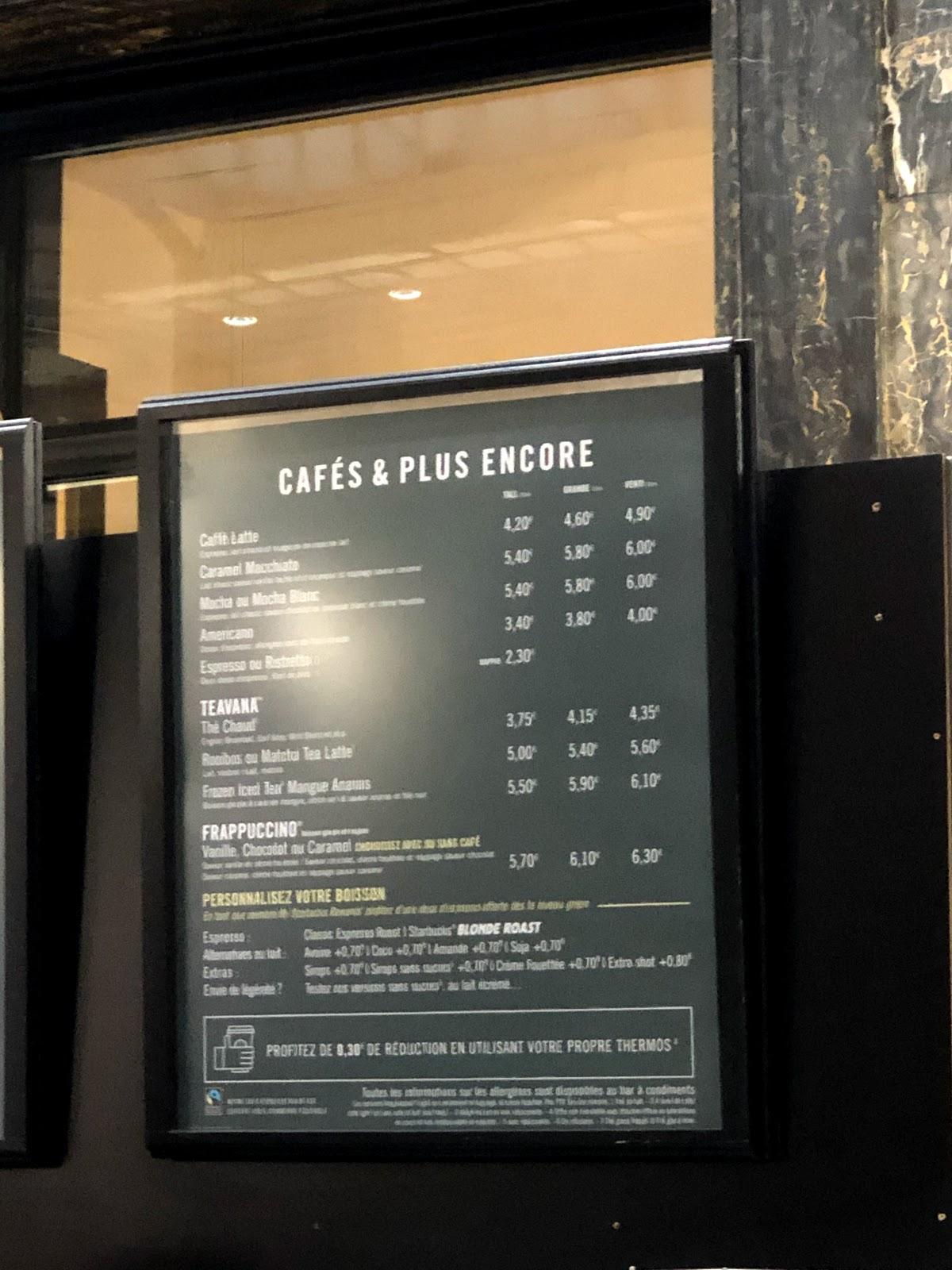 Menu au Starbucks café, Paris, Galerie des Arcades