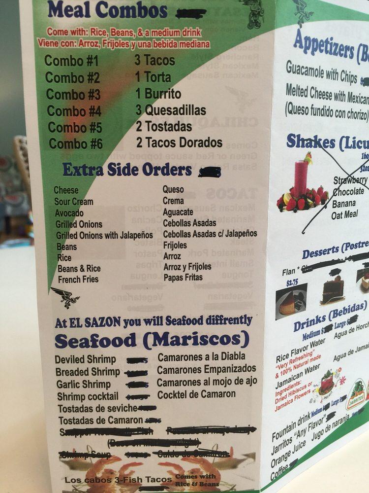 Menu at Taqueria El Sazon restaurant, Batavia