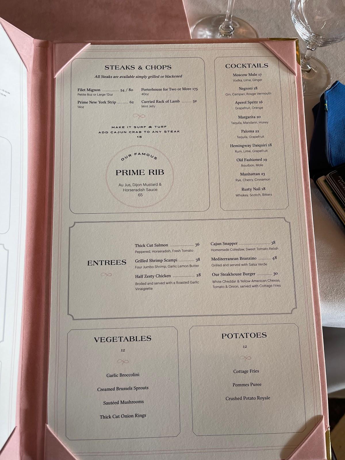 Menu at The Flamingo Grill steakhouse, Boca Raton