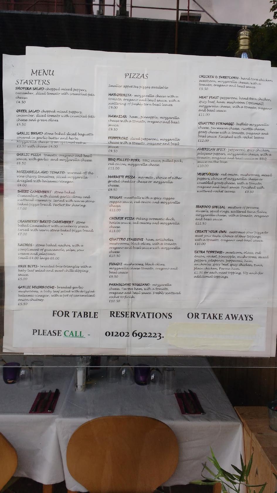 Menu at The Pizza Box restaurant, Broadstone