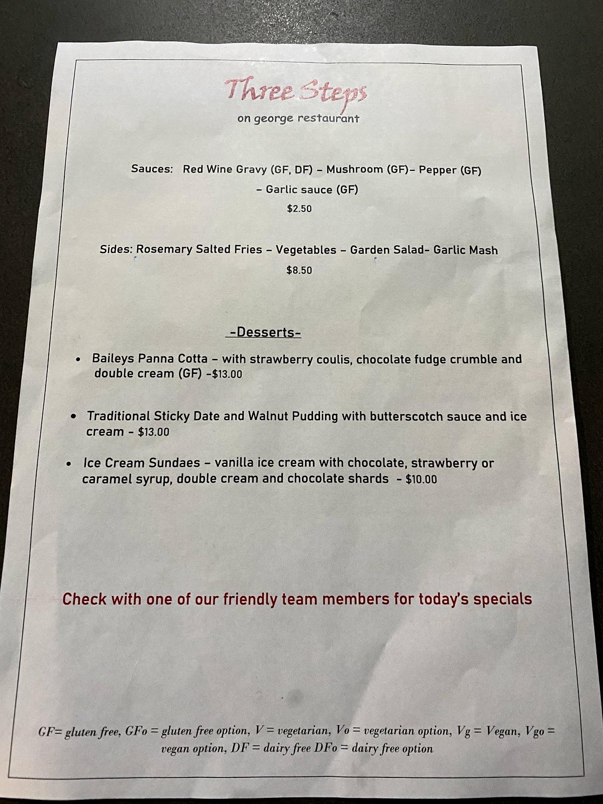 Menu at Three Steps On George restaurant, Launceston