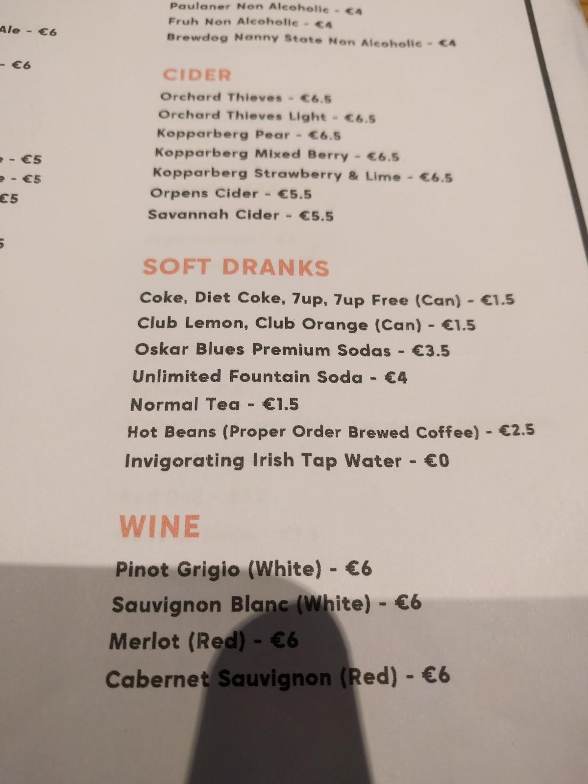 Menu at Token pub & bar, Dublin