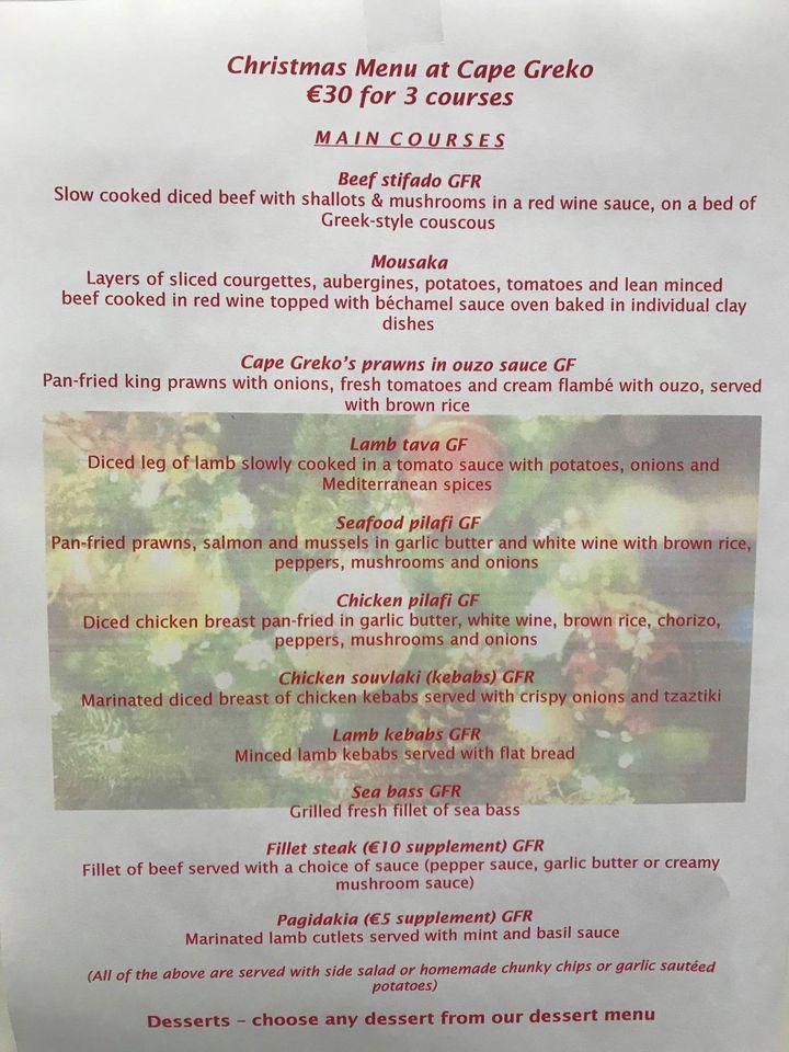 Menu at Cape Greko Greek & Cypriot restaurant, Malahide