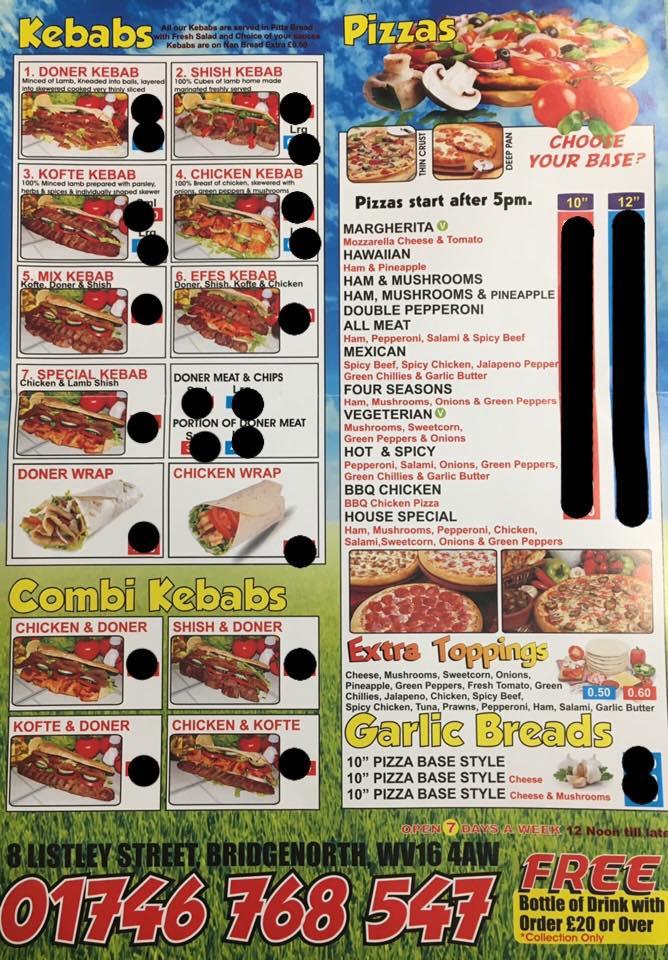 Menu at EFES KEBAB AND PIZZA HOUSE fast food, Bridgnorth