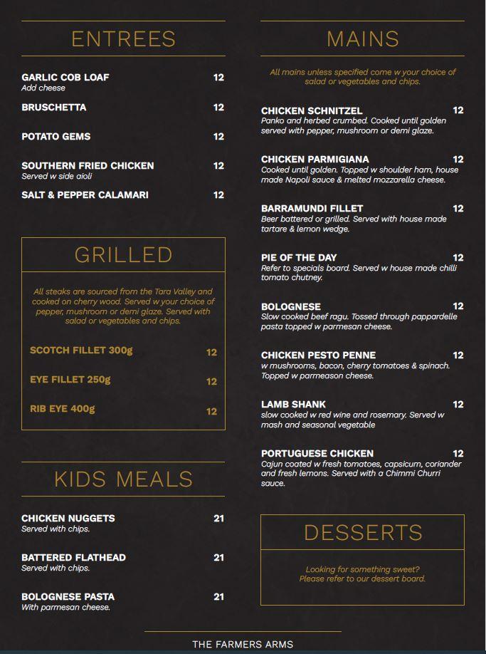 Menu at Farmers Arms Hotel pub & bar, Saint Arnaud