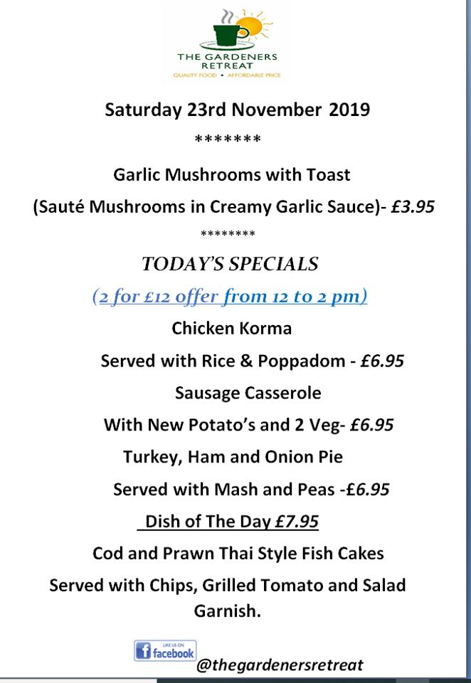 Menu at Gardeners Retreat restaurant, Weymouth