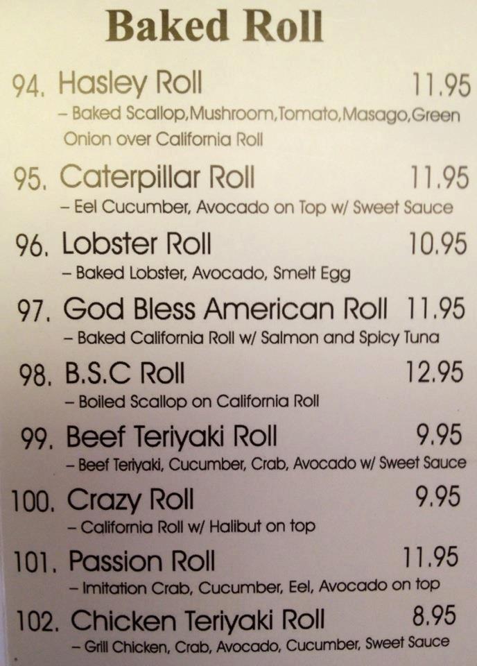 Menu at Geisha Sushi restaurant, River Edge