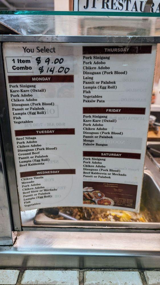 Menu at JT Restaurant, San Francisco