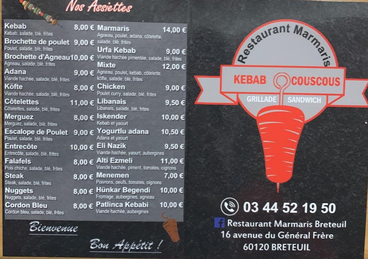 Menu at Marmaris restaurant, Breteuil