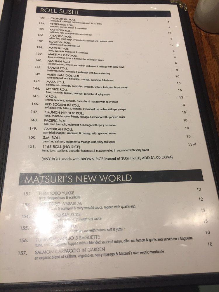 Menu at Matsuri restaurant, Miami