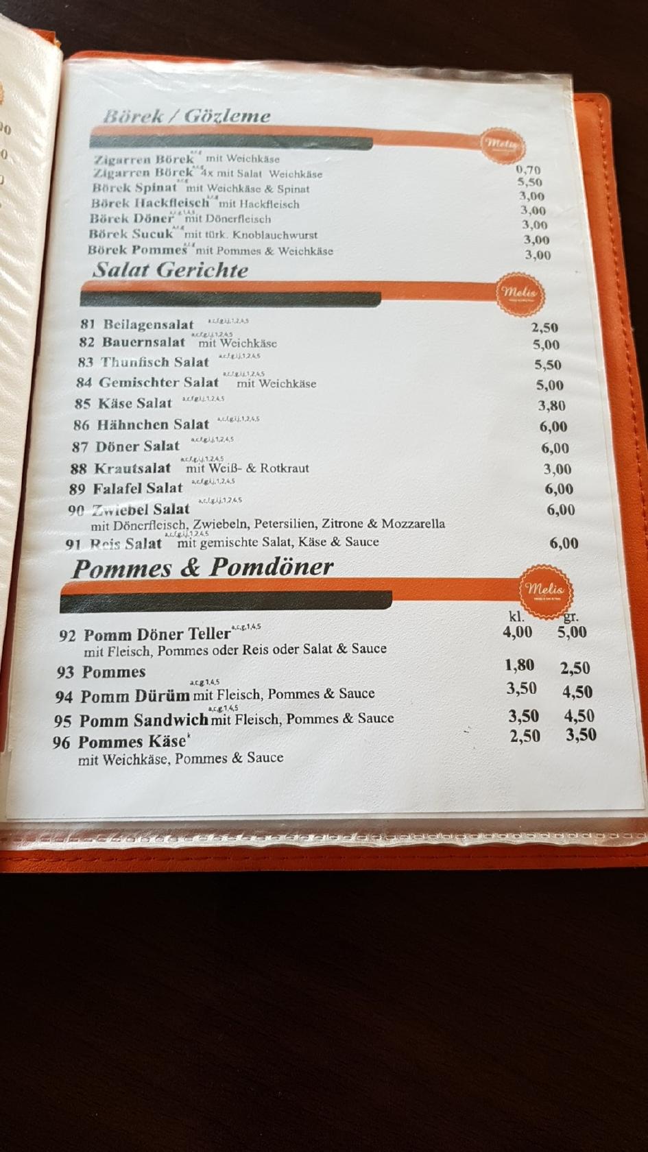 Speisekarte von Melis pizza, Frankfurt am Main