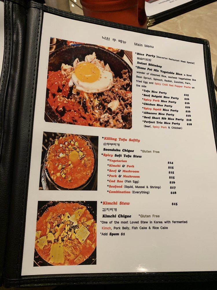 Menu at Nak Won restaurant, Beaverton