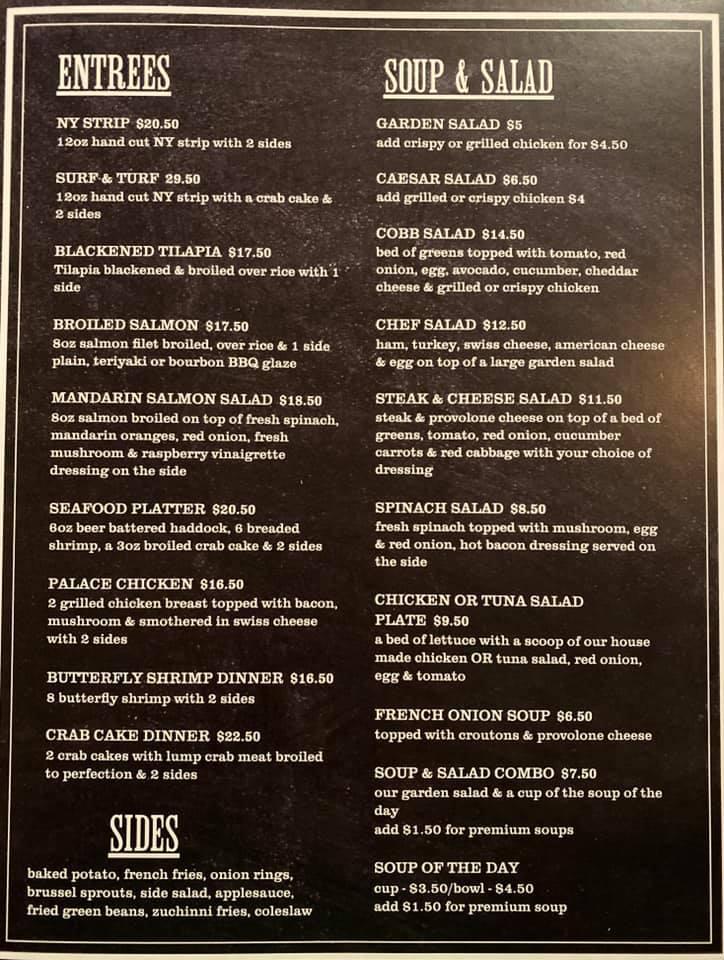 Menu at Palace Lounge pub & bar, Martinsburg