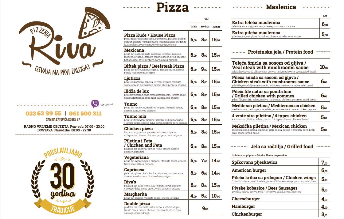 Speisekarte von Pizzeria Riva, Ilidža