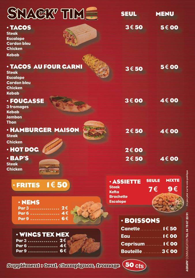 Menu at Snack'Time restaurant, Annonay