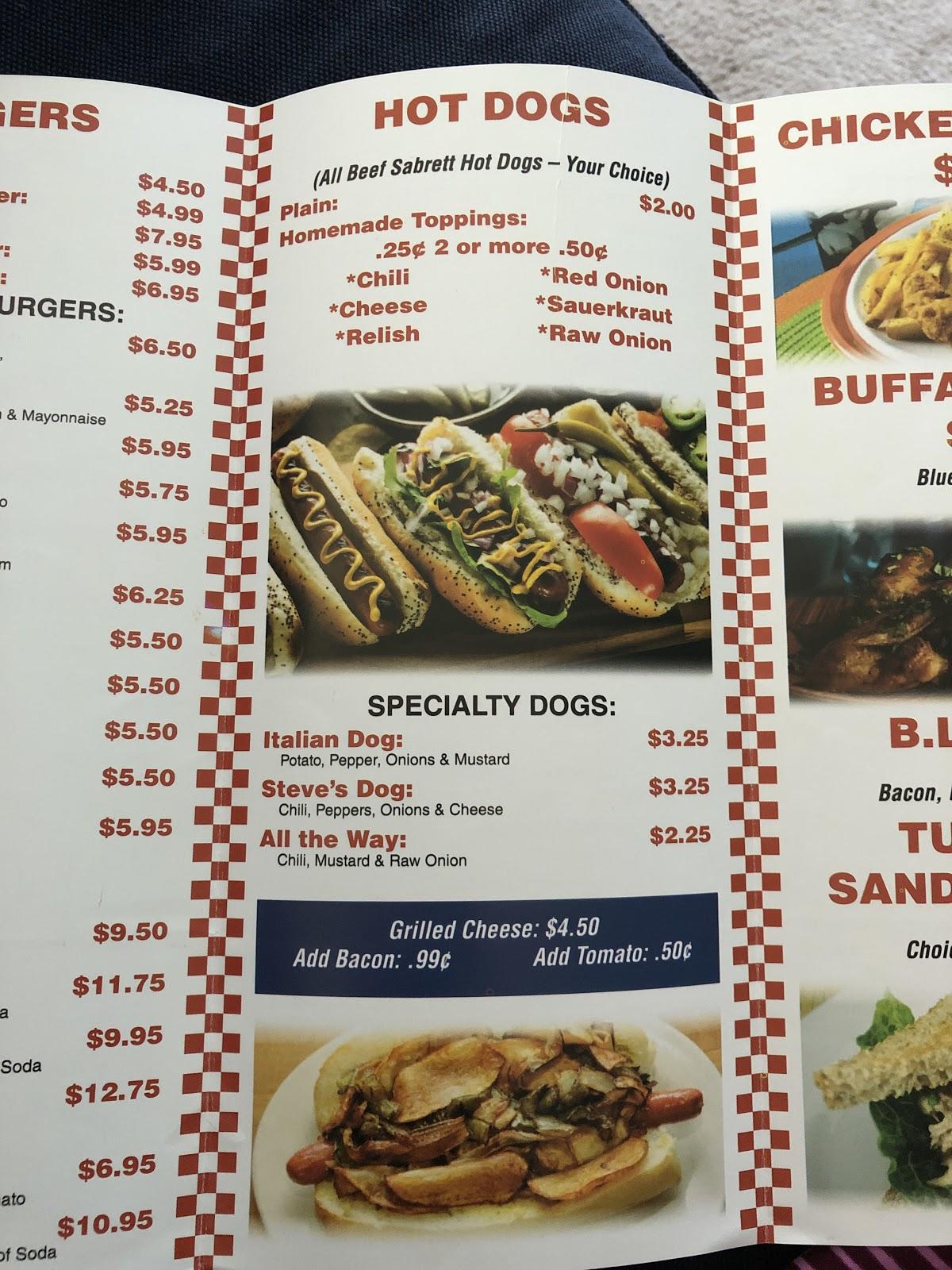 Menu at Steve's Burgers restaurant, Garfield, 506 US-46