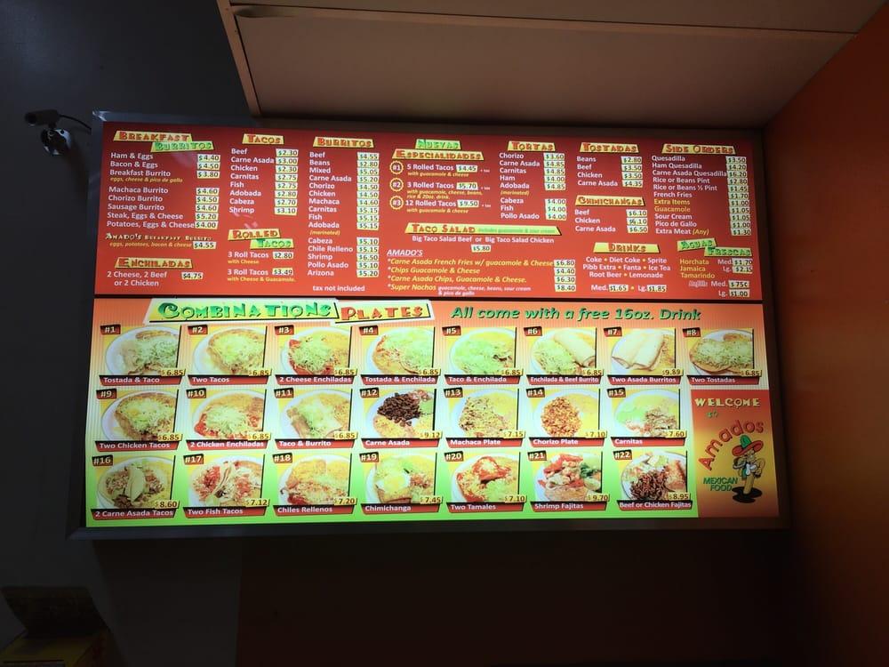 Menu at Amado's Mexican Food restaurant, Tempe, S McClintock Dr