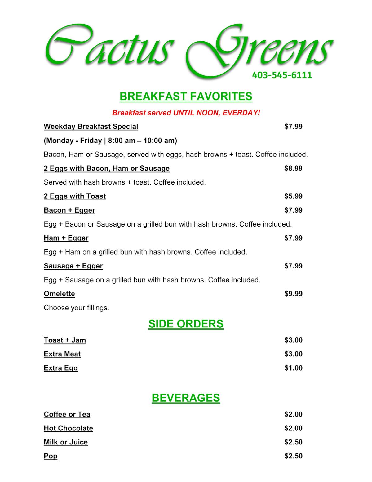 Menu at Cactus Greens Restaurant, Bow Island