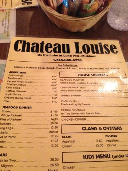 Menu at Chateau Louise Restaurant, Luna Pier, Luna Pier Rd