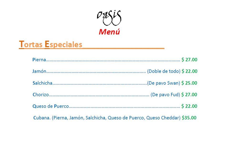 Menu at El Oasis, Durango