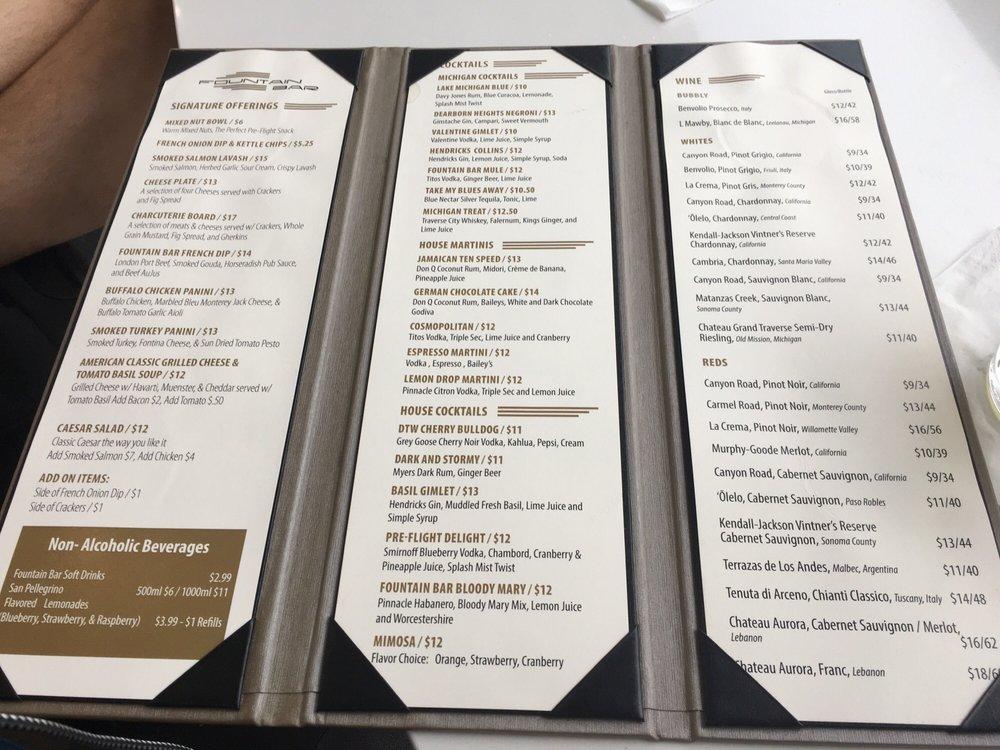 Menu at Fountain Bar, Romulus, McNamara Terminal