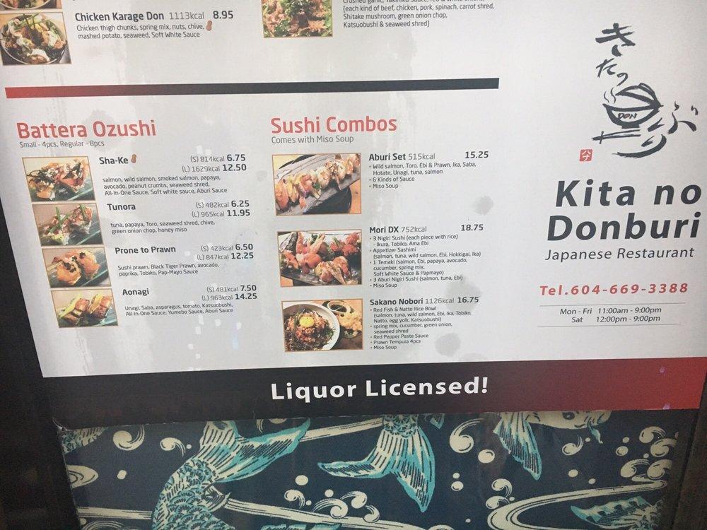 Menu at Kita No Donburi restaurant, Vancouver