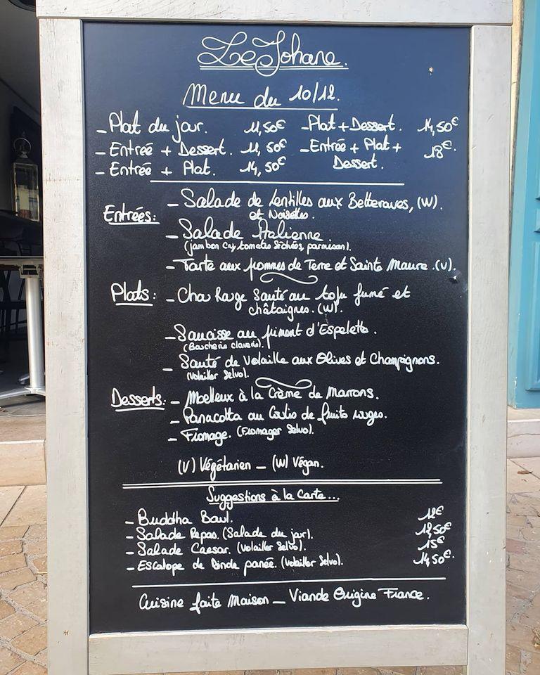 Menu at Le Johane restaurant, Béziers