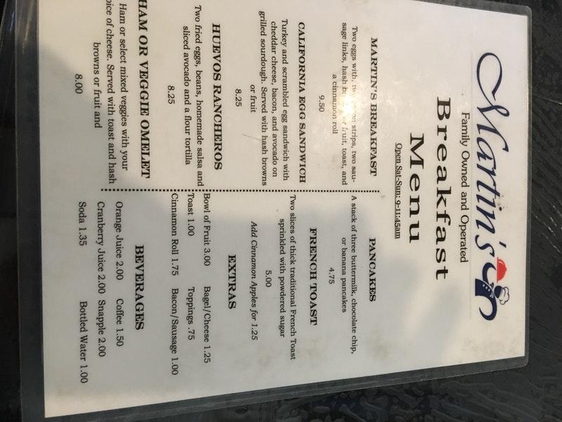 Menu at Martin’s Kitchen restaurant, Redwood City, Middlefield Rd